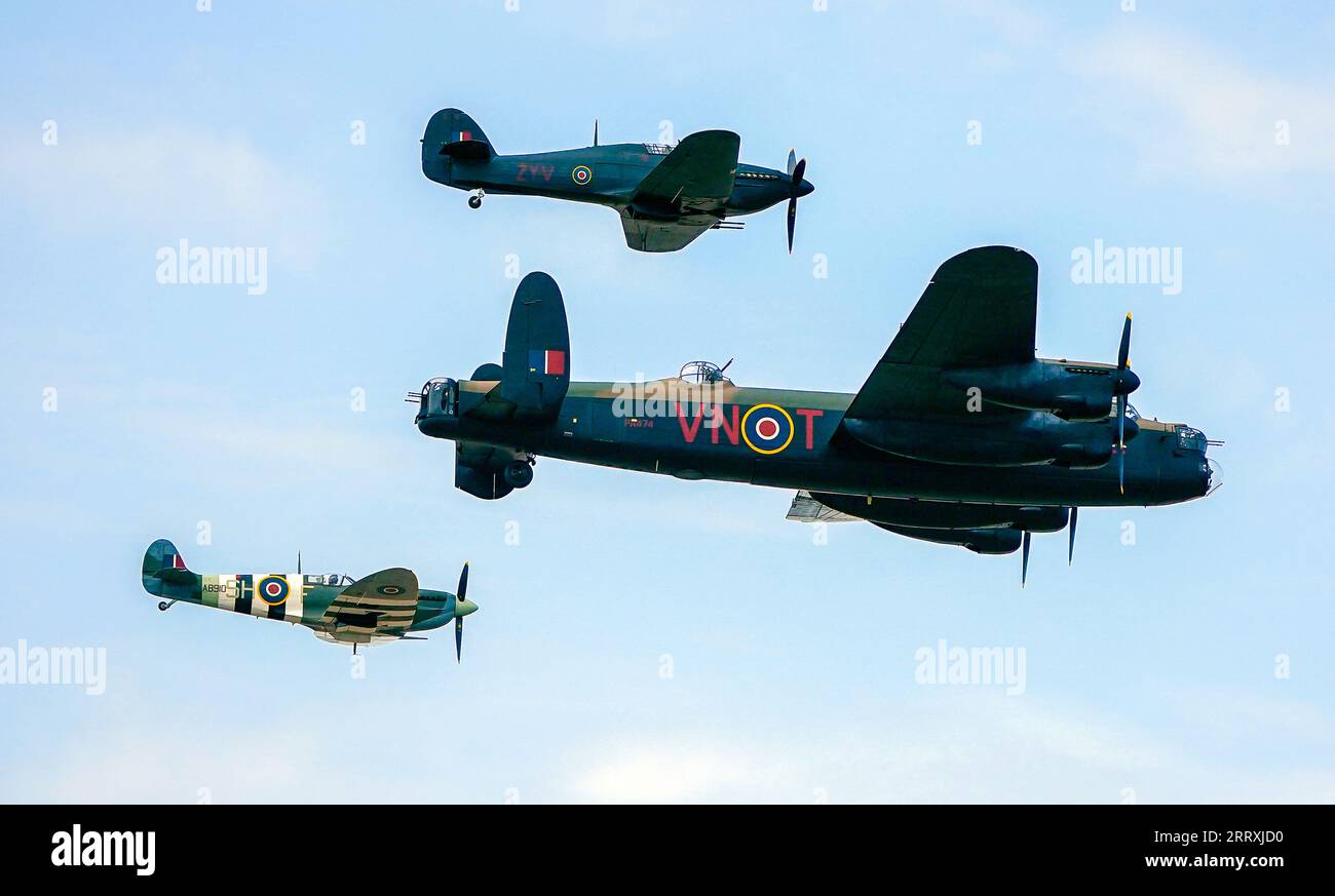 A Spitfire, a Hawker Hurricane, and a Lancaster bomber, part of the ...