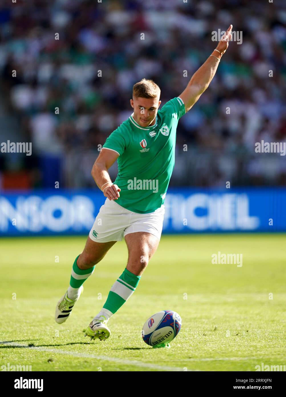 Ireland's Jack Crowley kicks a conversion during the Rugby World Cup ...