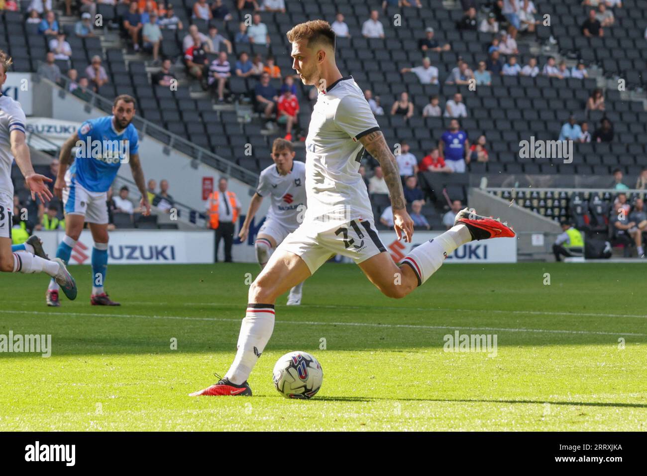Milton Keynes, UK. 9th September 2023.Daniel Harvie scores for Milton ...