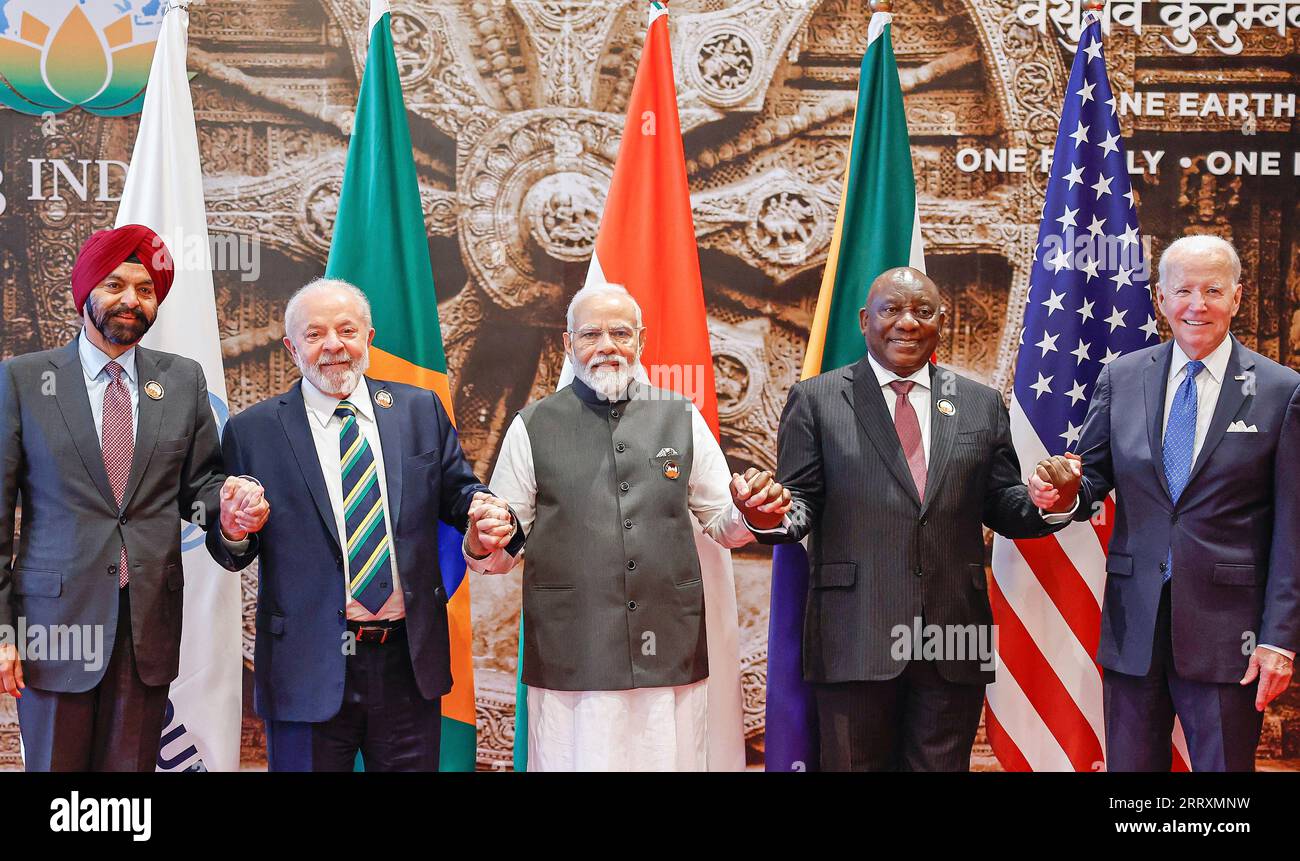 New Delhi, India. 09th Sep, 2023. Standing from left, World Bank ...