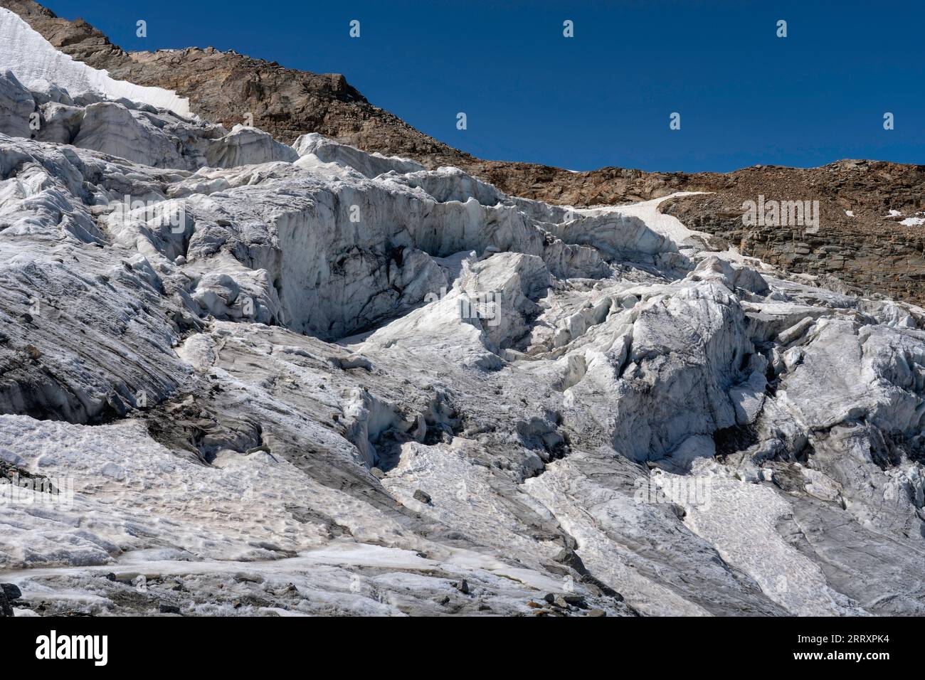 Glacier in the alpine mountains, crevasses and ice details. Gran ...