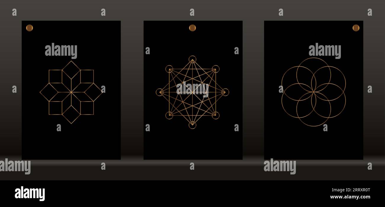 Sacred geometry, set graphic element Vector isolated on black background. Gold Symbols of ...