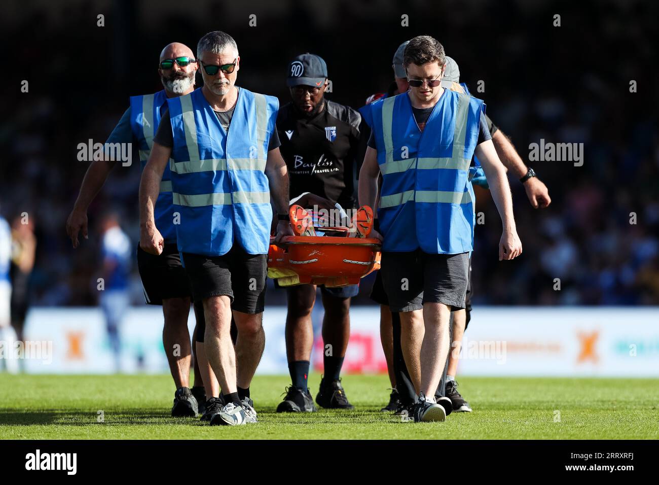 Harrogate Town's Sam Folarin is stretchered off injured during the Sky ...