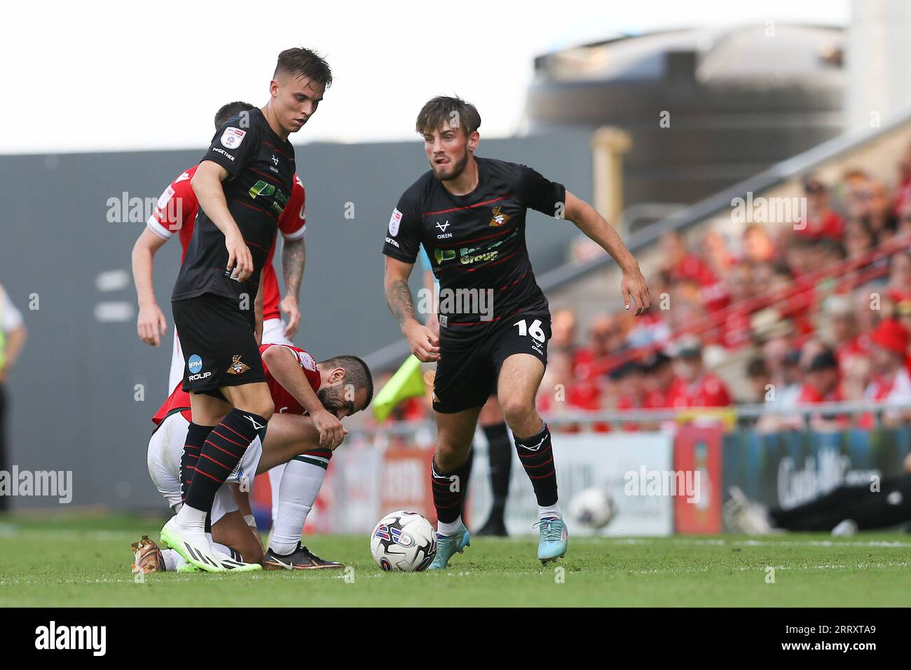 Wrexham, UK. 09th Sep, 2023. Tom Nixon of Doncaster Rovers with the ...