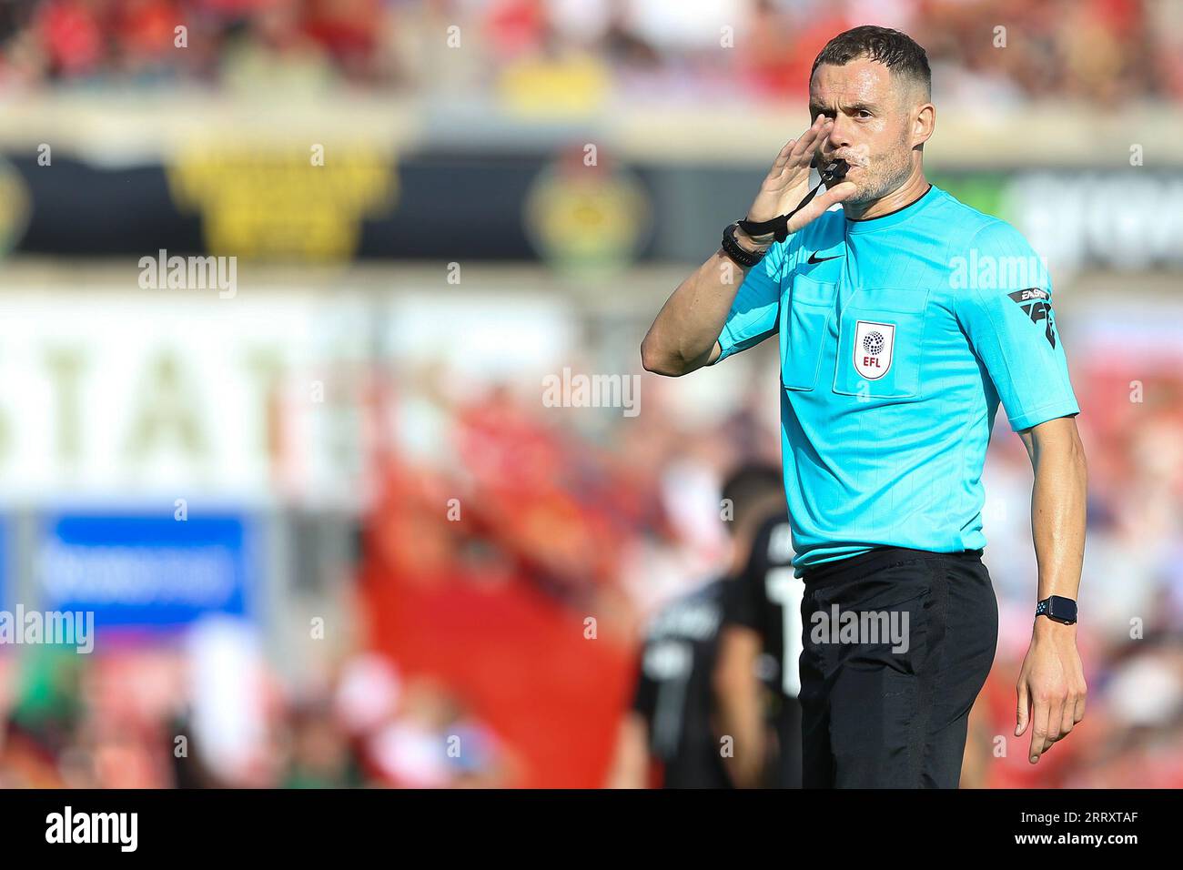 Wrexham, UK. 09th Sep, 2023. Referee Leigh Doughty blows his whistle ...