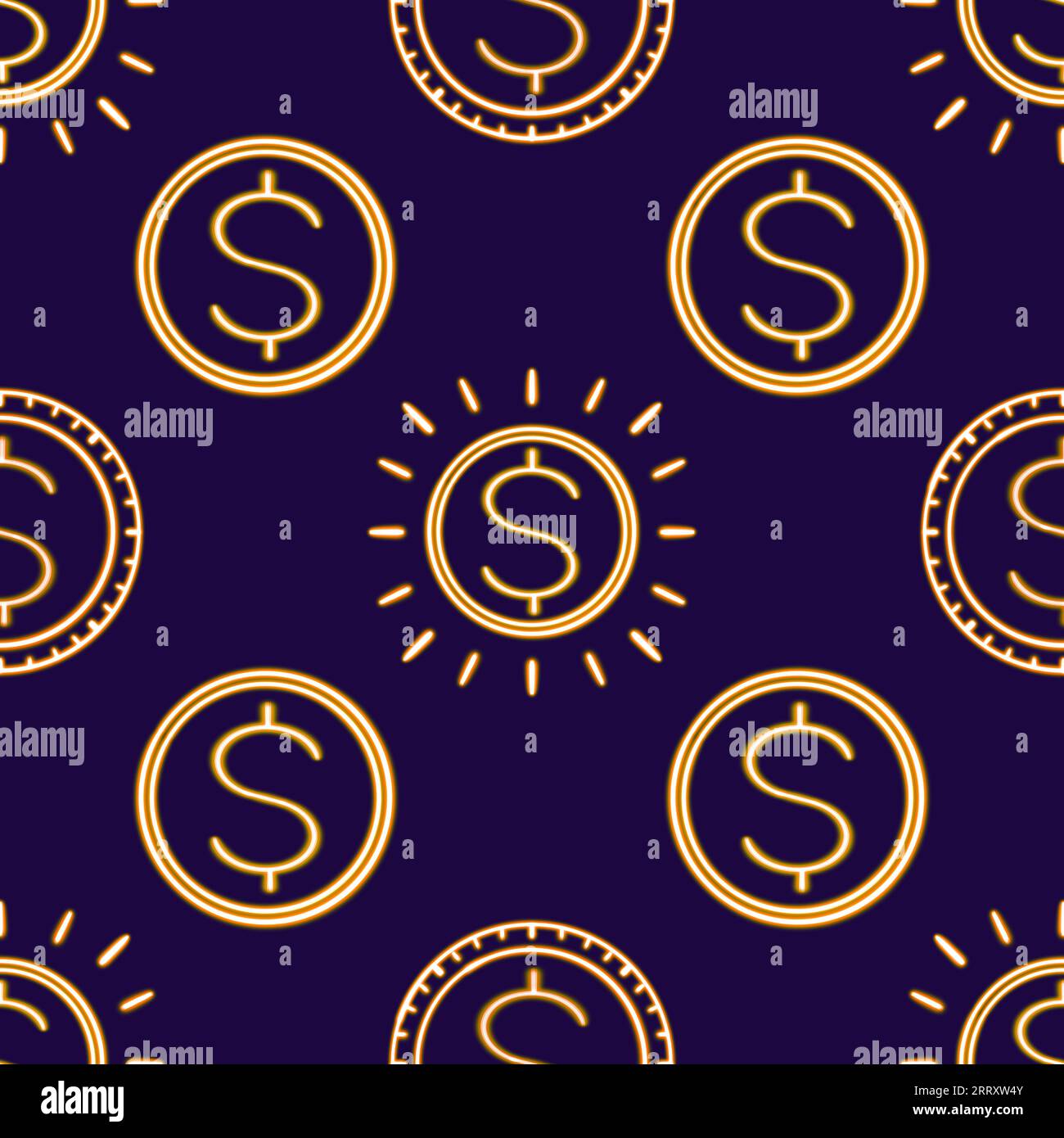 Neon Finance Seamless Pattern, Gold Coins with Dollar Symbols. glowing ...