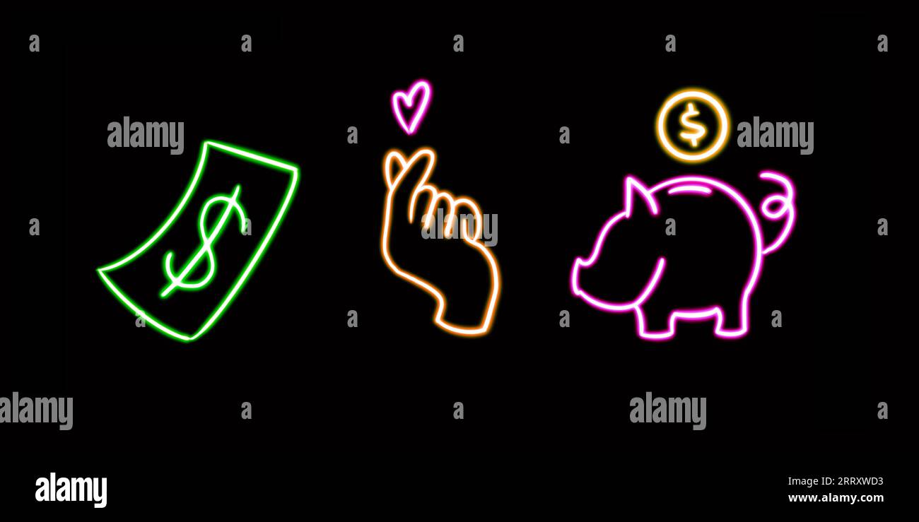 Neon Finance Set, Dollar Bill, Piggy Bank, Hand. glowing desktop icon ...