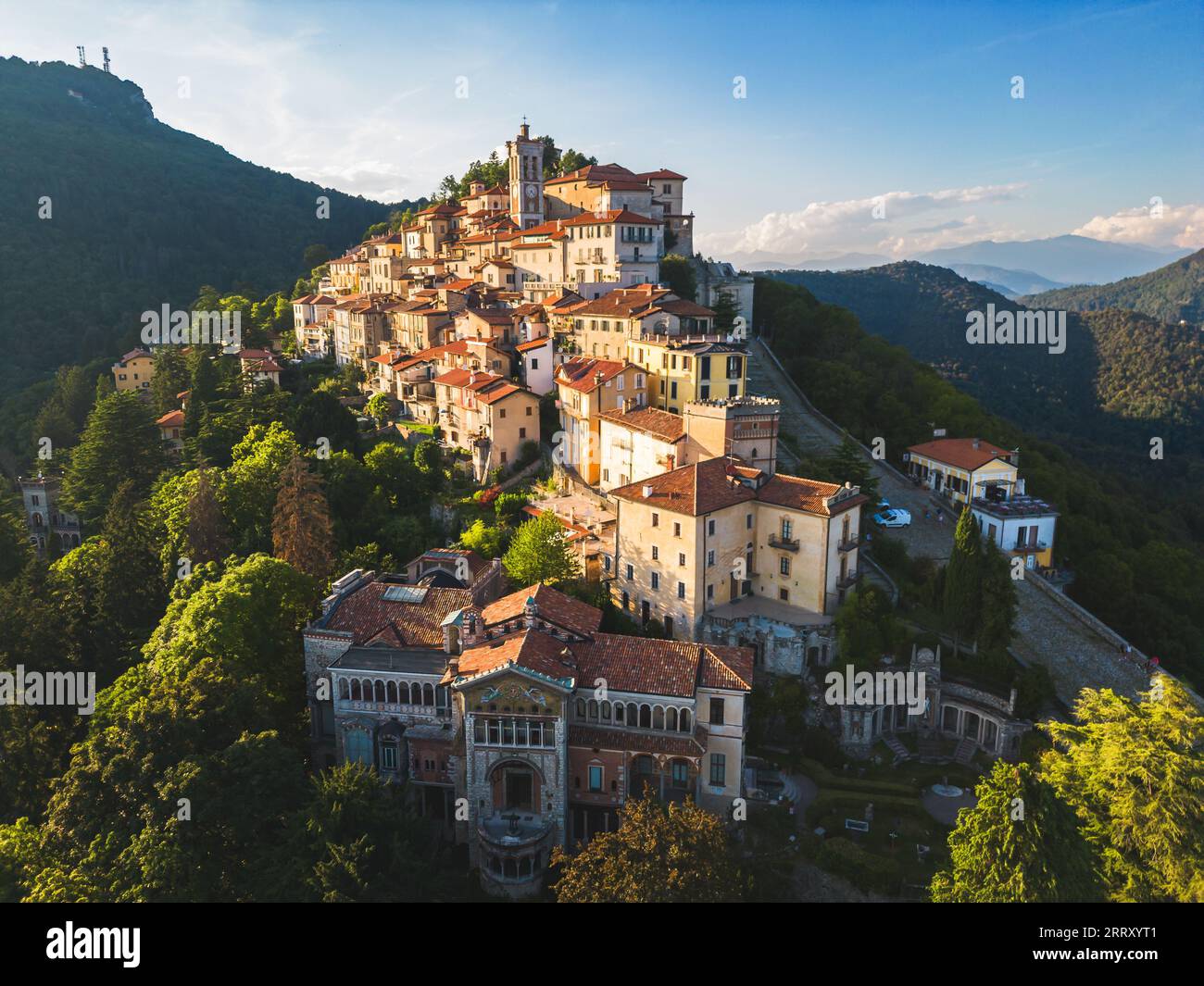 Aerial view of Sacro Monte di Varese during golden hour, Santa Maria ... Aerial view of Sacro Monte di Varese during golden hour, Santa Maria ...