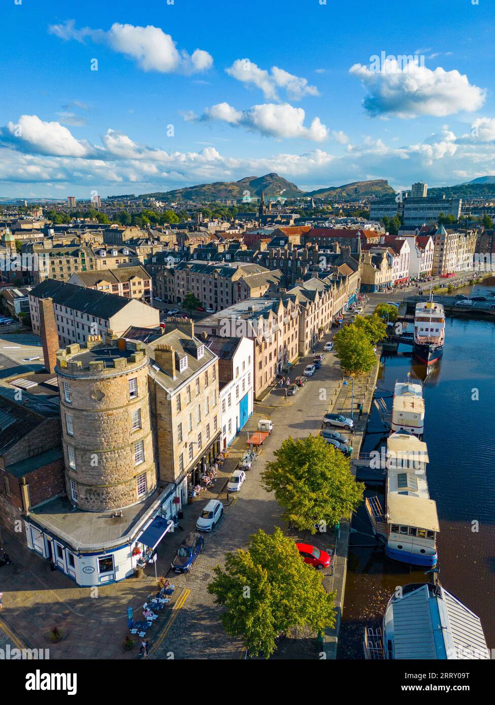 Aerial view in late afternoon of popular The Shore riverside district ...