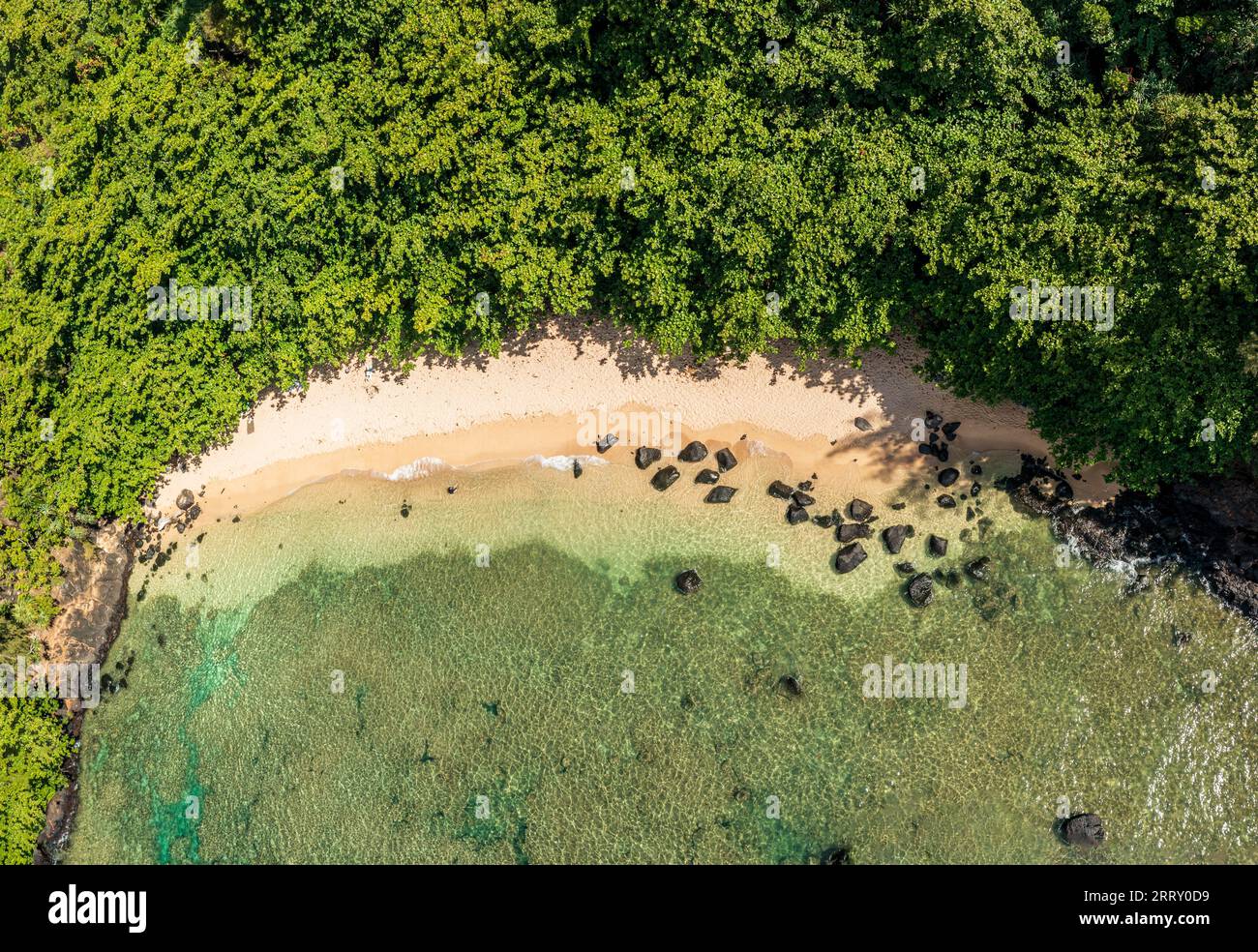 Aerial top down view of the small sandy Sealodge beach in Princeville ...