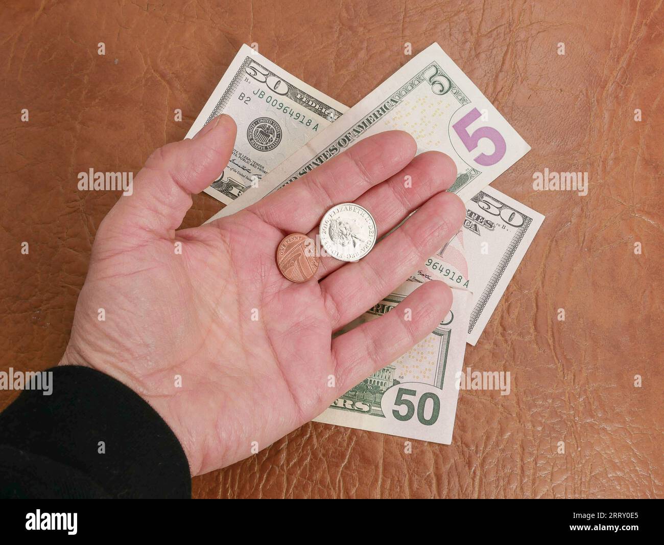 Two coins lie in the palm of your hand against the background of dollar ...