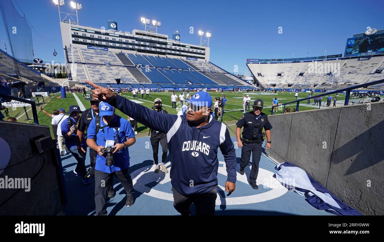 BYU head coach Kalani Sitake waves to BYU students as he walks in to LaVell Edwards Stadium for ...
