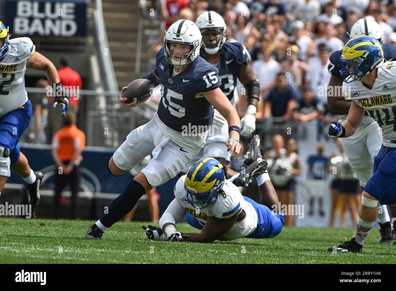 Penn State quarterback Drew Allar (15) scrambles away from Delaware ...