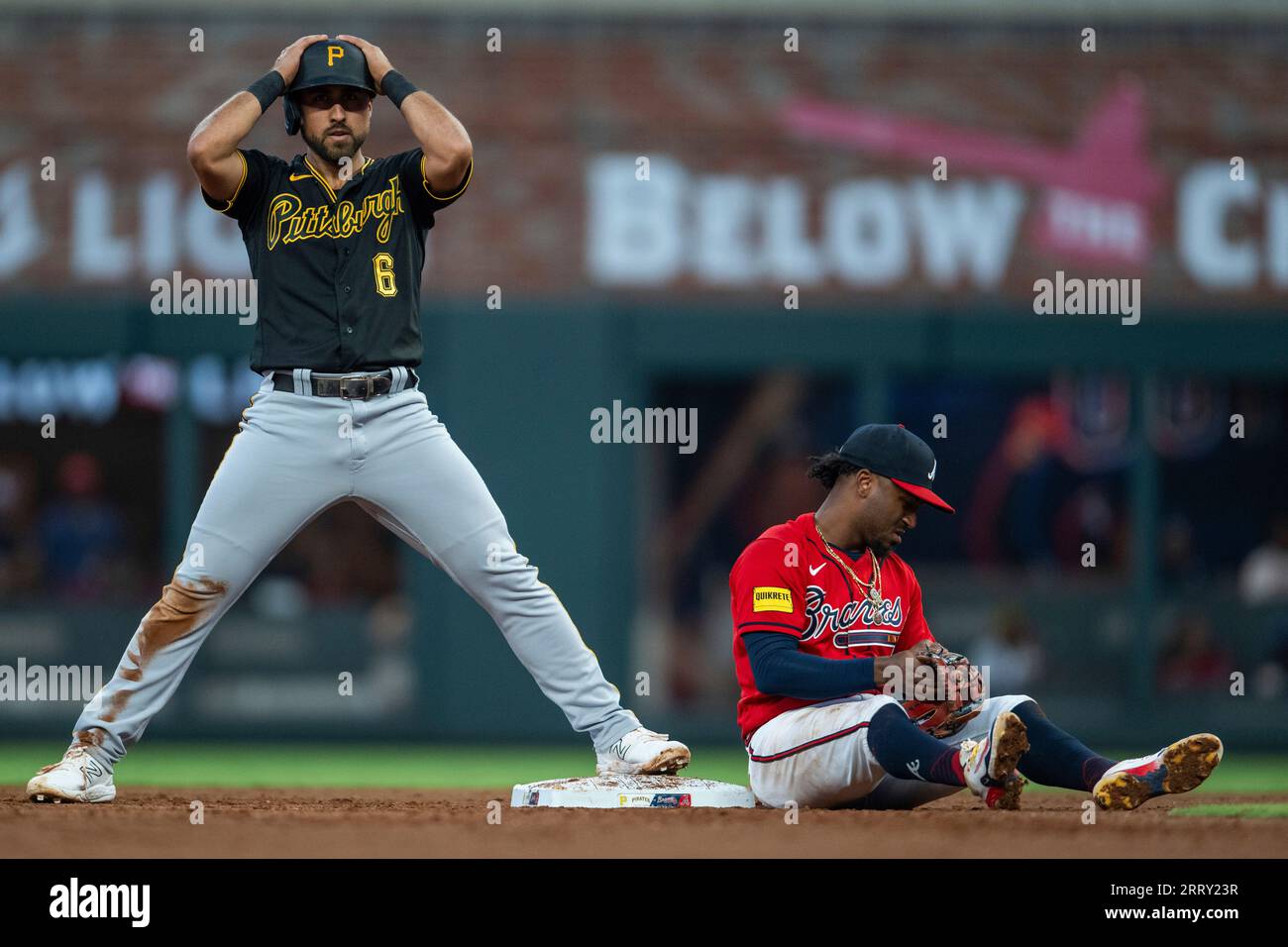 Atlanta Braves second baseman Ozzie Albies reacts after Pittsburgh ...