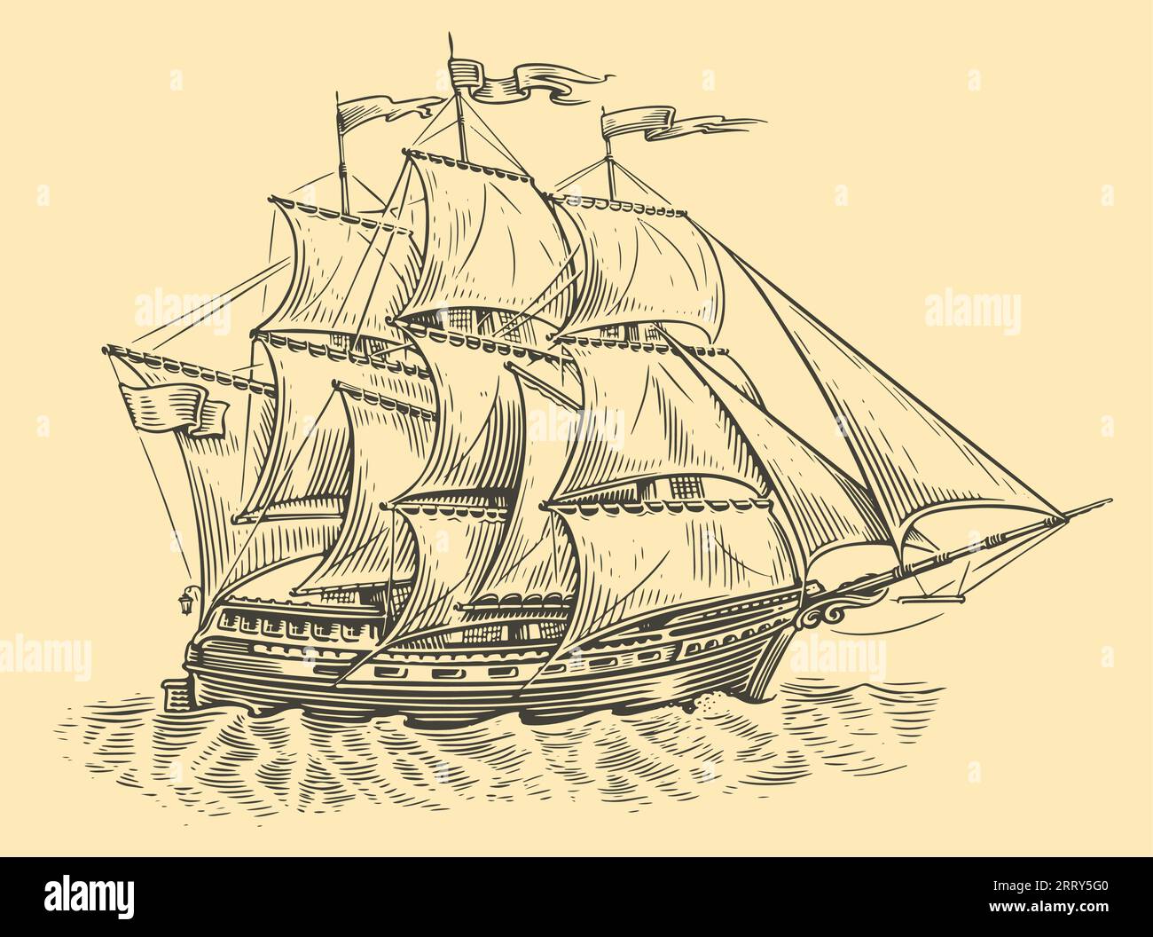Sailing ship sketch. Old sailboat sails on the sea waves in vintage ...