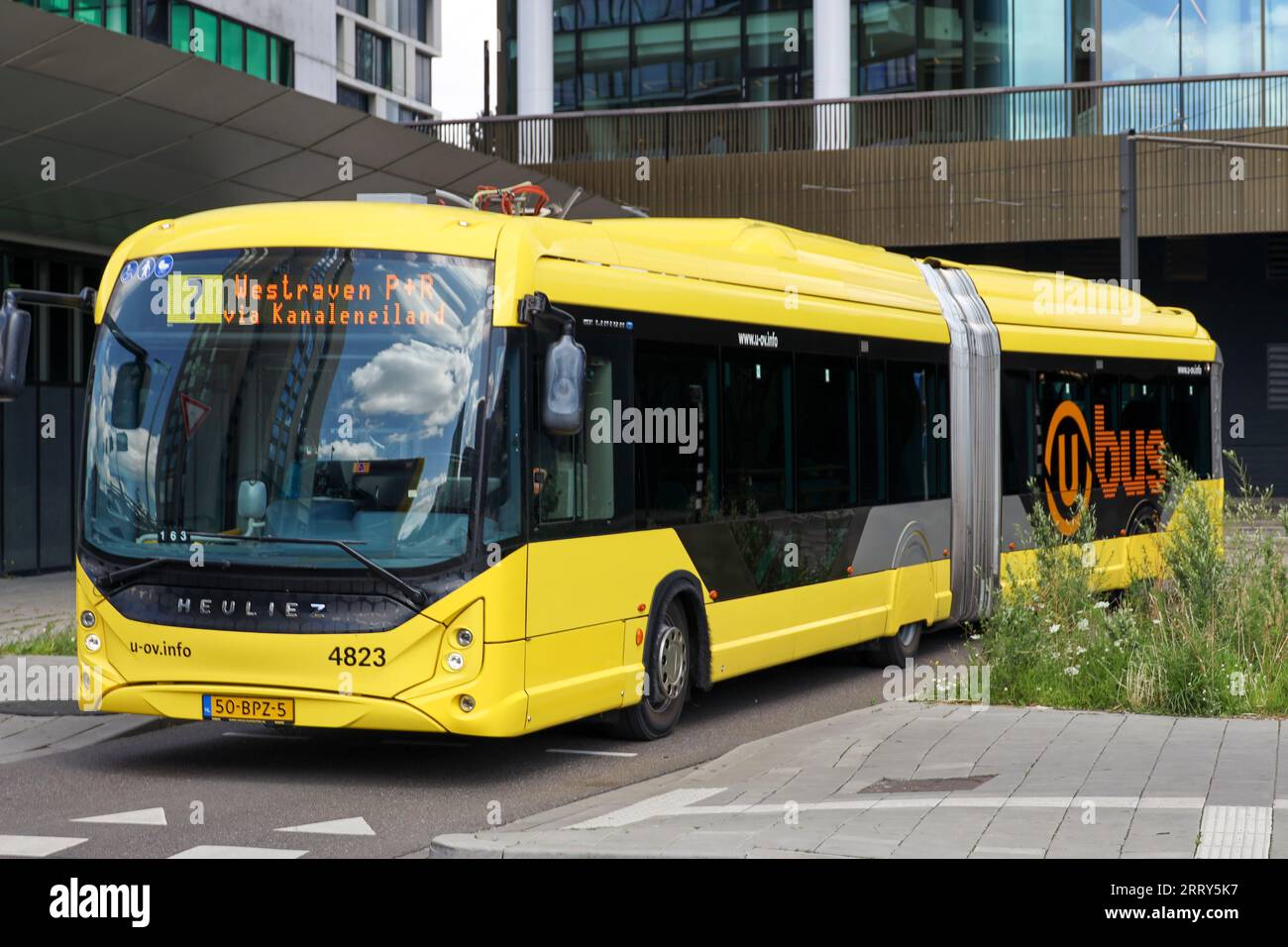Articulated city bus in yellow colour of U-OV in the city of Utrecht ...