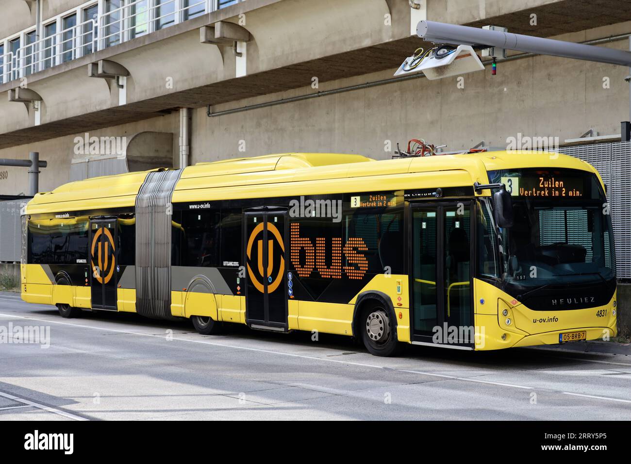 Articulated city bus in yellow colour of U-OV in the city of Utrecht ...