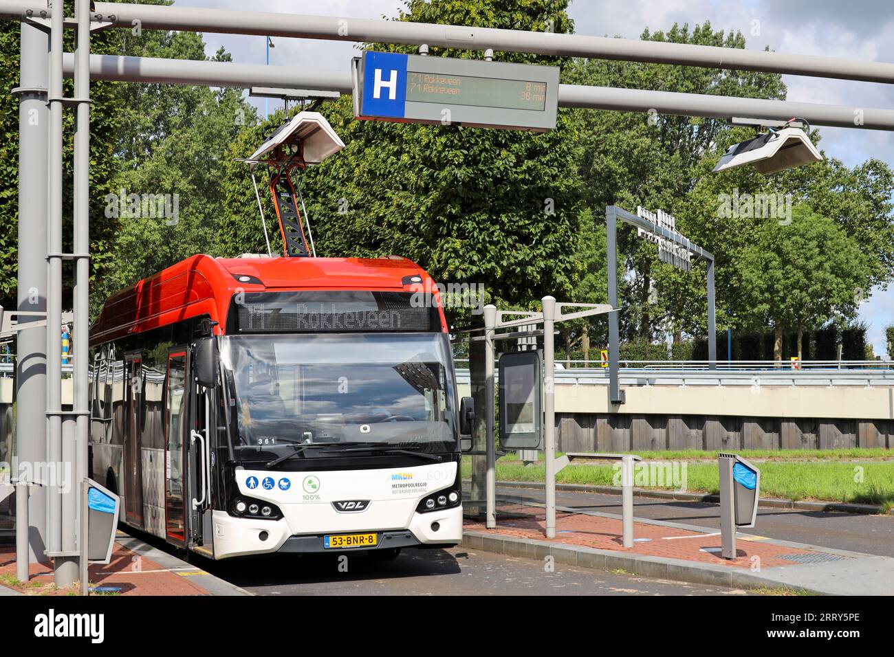 White and red city bus runned by EBS in Zoetermeer the Netherlands ...