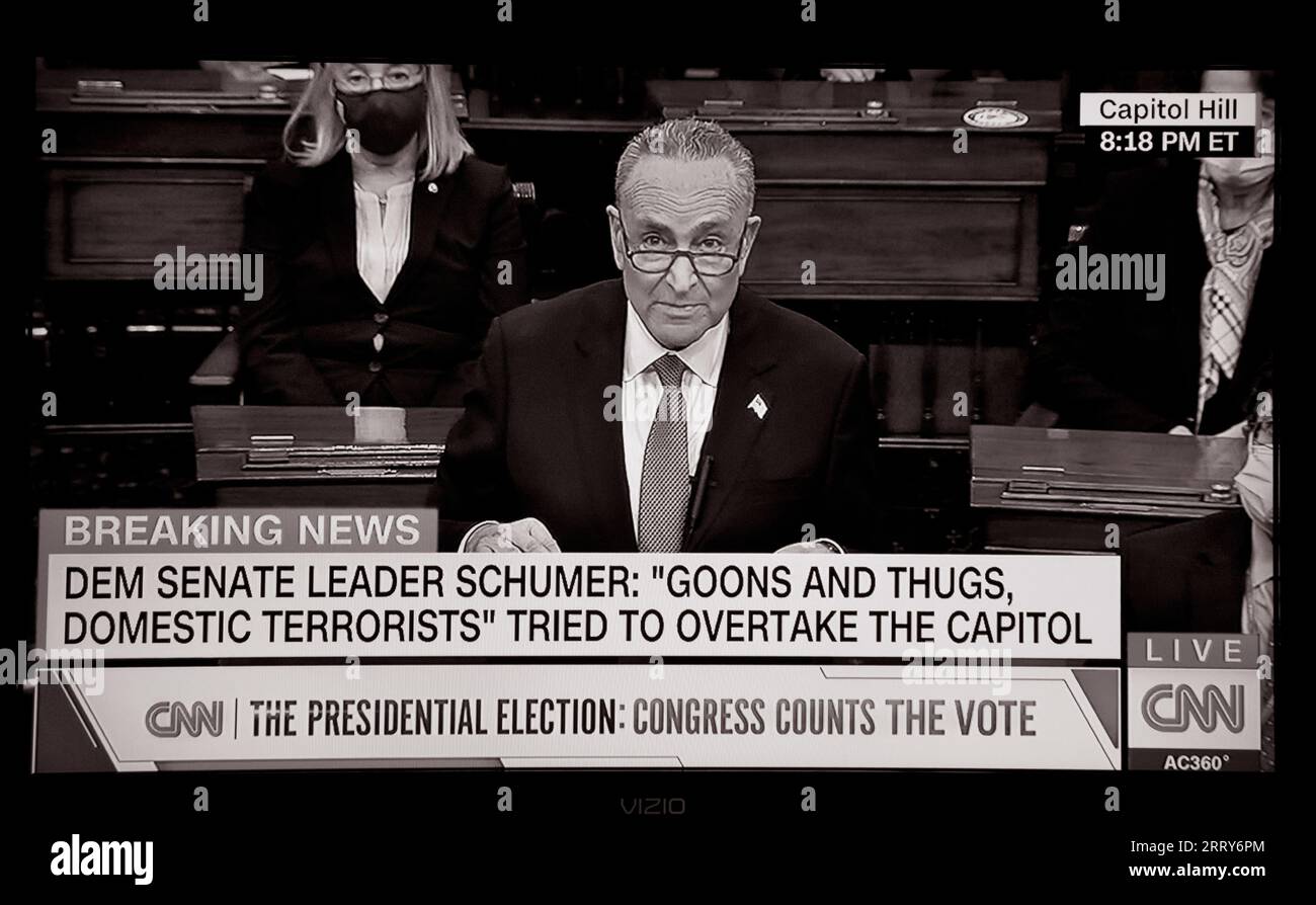 A CNN screenshot of Senator Chuck Schumer speaking on Jan. 6, 2021 ...