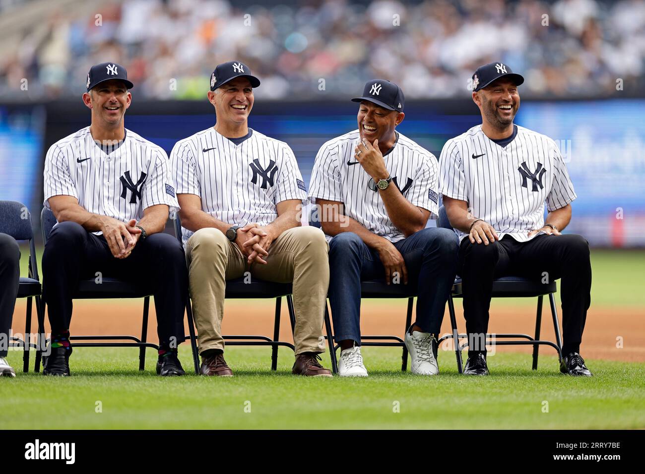 Former New York Yankees' Jorge Posada, left, Andy Pettitte, second left, Mariano Rivera and ...