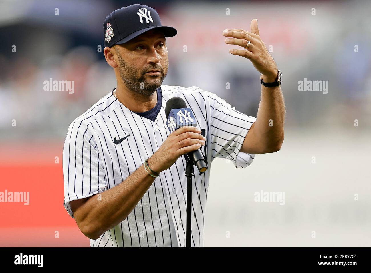 Former New York Yankees' Derek Jeter speaks during Yankees Old-Timers' Day ceremony before a ...