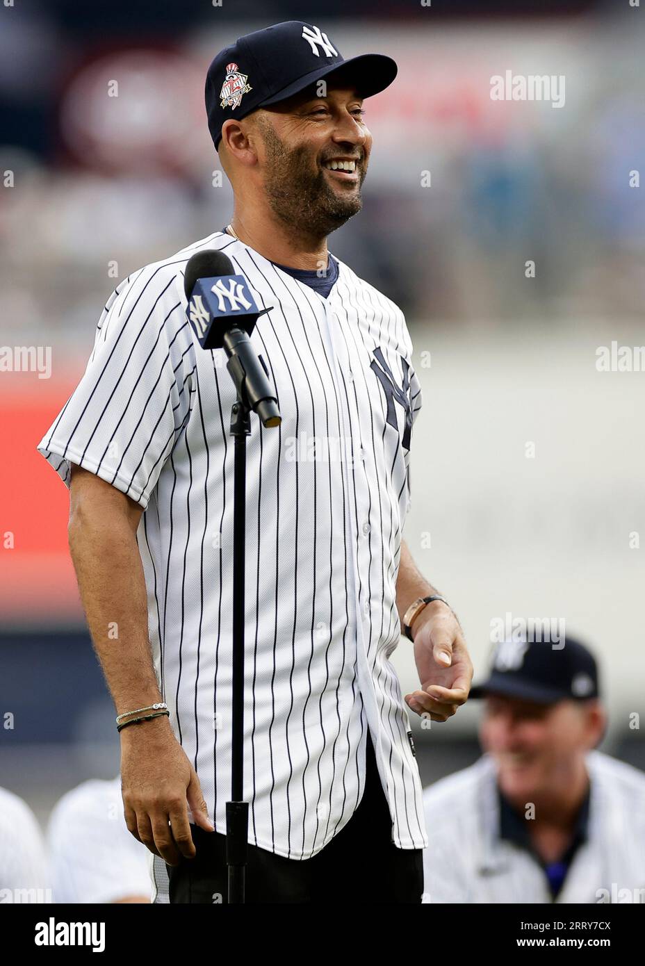Former New York Yankees' Derek Jeter speaks during Yankees Old-Timers' Day ceremony before a ...