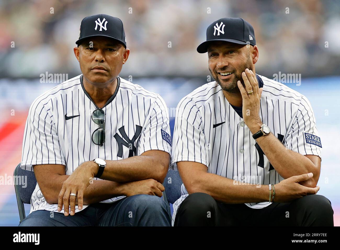 Former New York Yankees' Derek Jeter and Mariano Rivera, left, are seen during Yankees Old ...