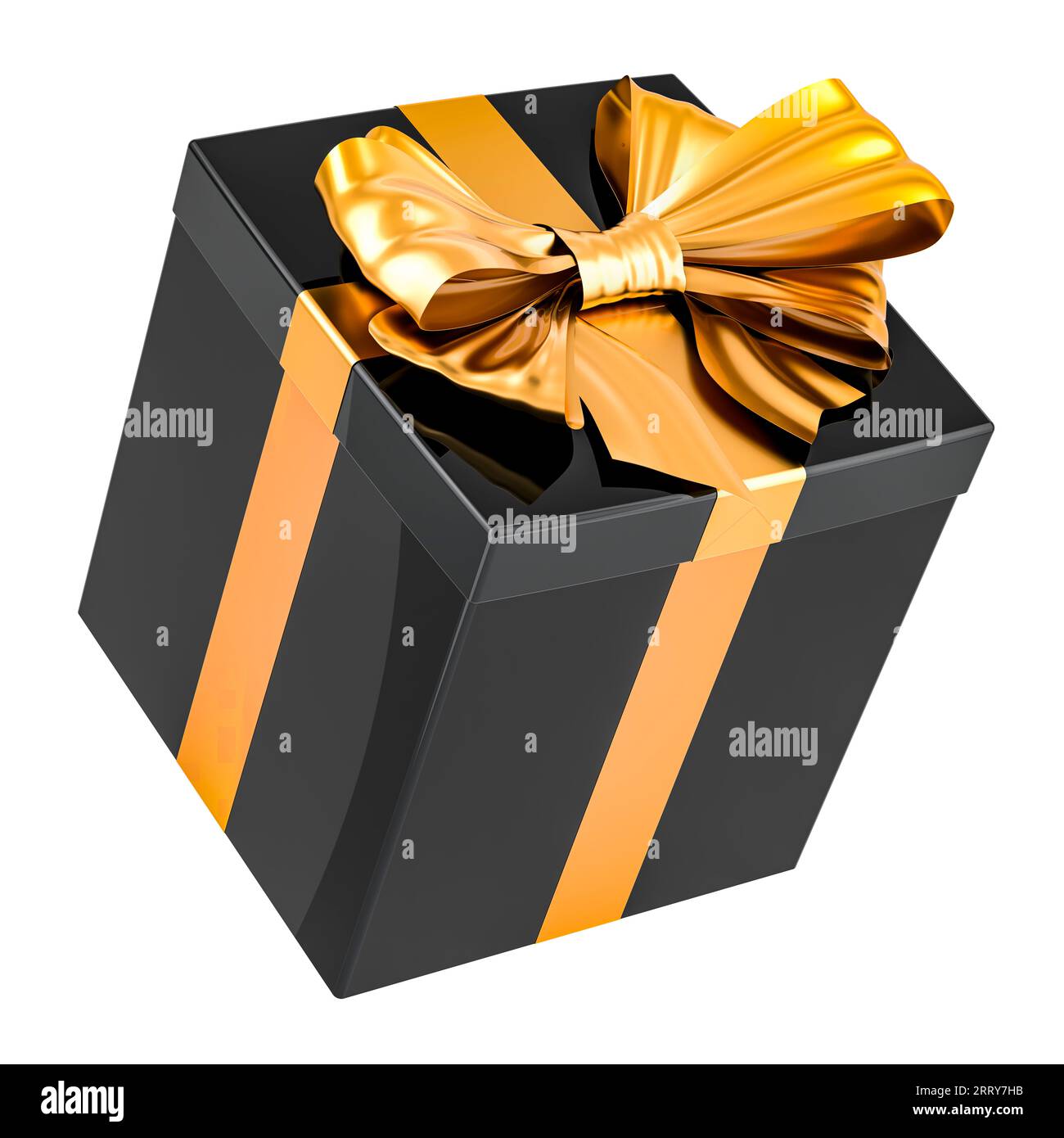 Black gift box with golden ribbon and bow. 3D rendering isolated on ...