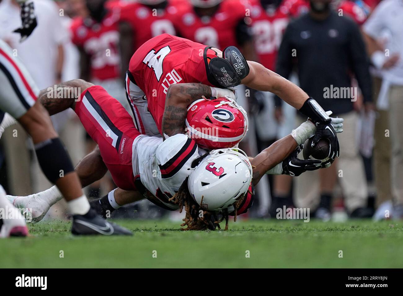 Ball State defensive back Jordan Riley (3) breaks up a pass indented ...