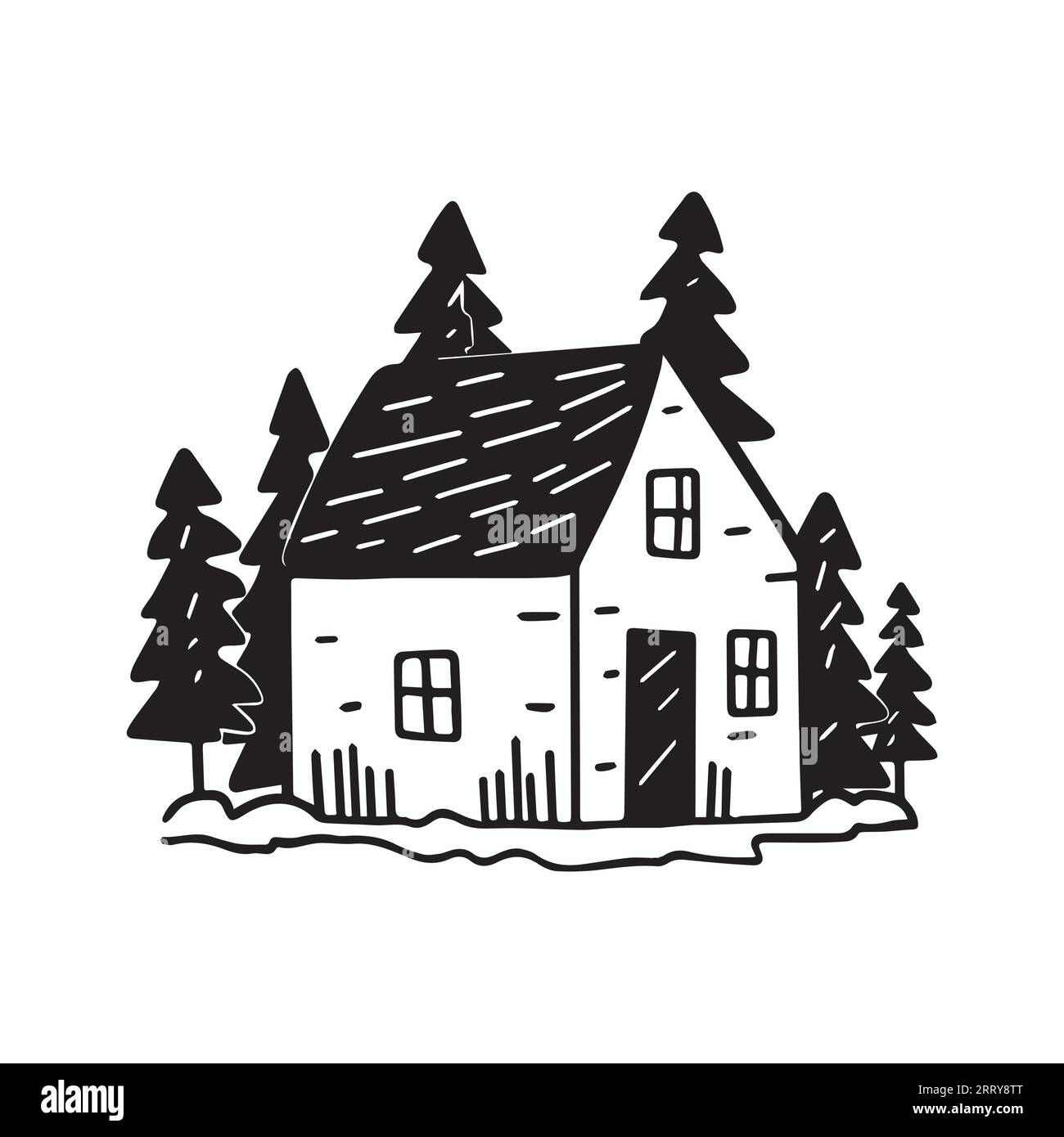 Quirky rural cabin holiday home vector illustration. Block print real ...