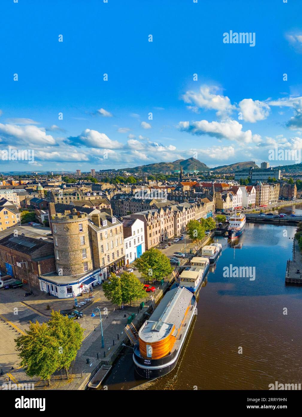 Aerial view in late afternoon of popular The Shore riverside district ...