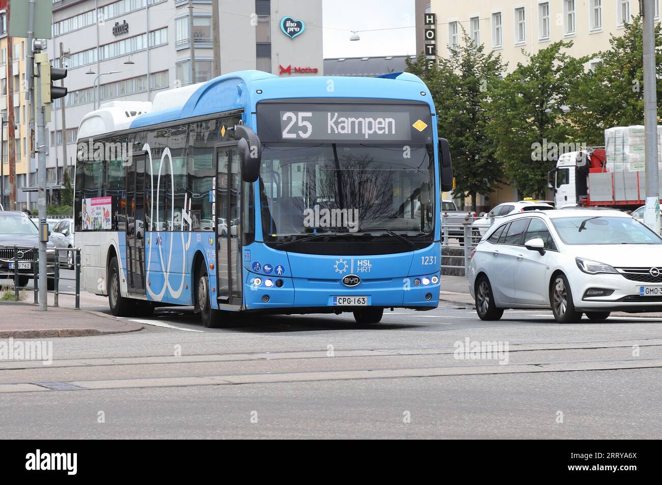Helsinki, Finland - September 5, 2023: Blue electric powered bus on ...