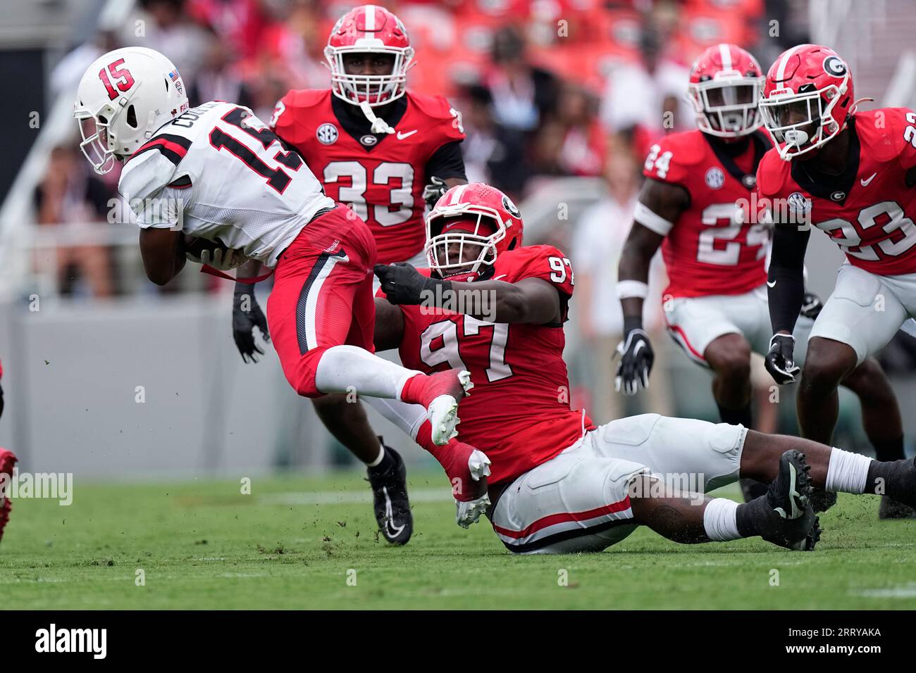 Ball State running back Marquez Cooper (15) escapes from Georgia ...