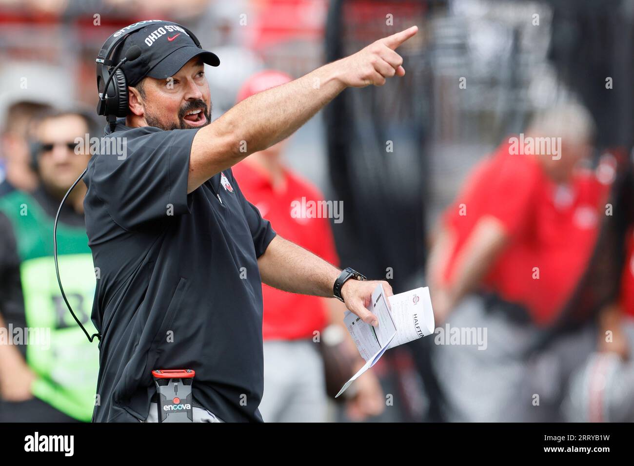 Ohio State head coach Ryan Day shouts to his players during the second ...