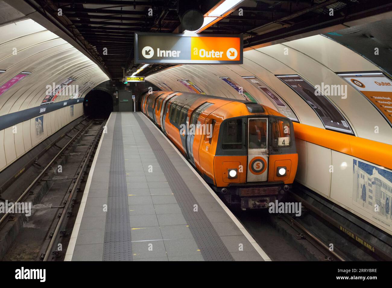 An outer circle train arrives at Shields Road subway station on the SPT ...