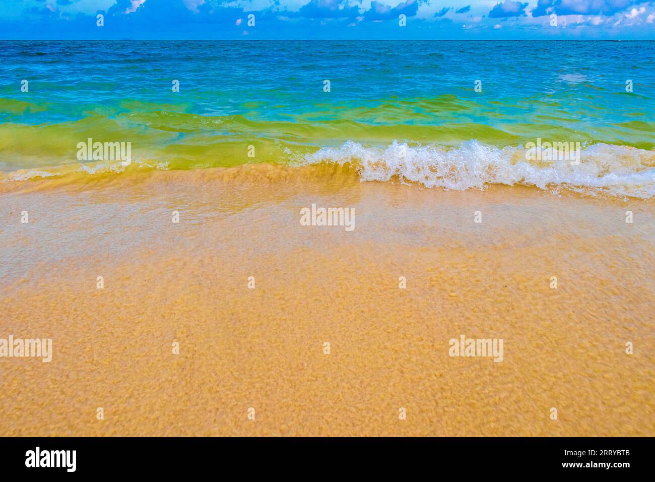 Waves turquoise blue water and sand at tropical mexican caribbean beach ...
