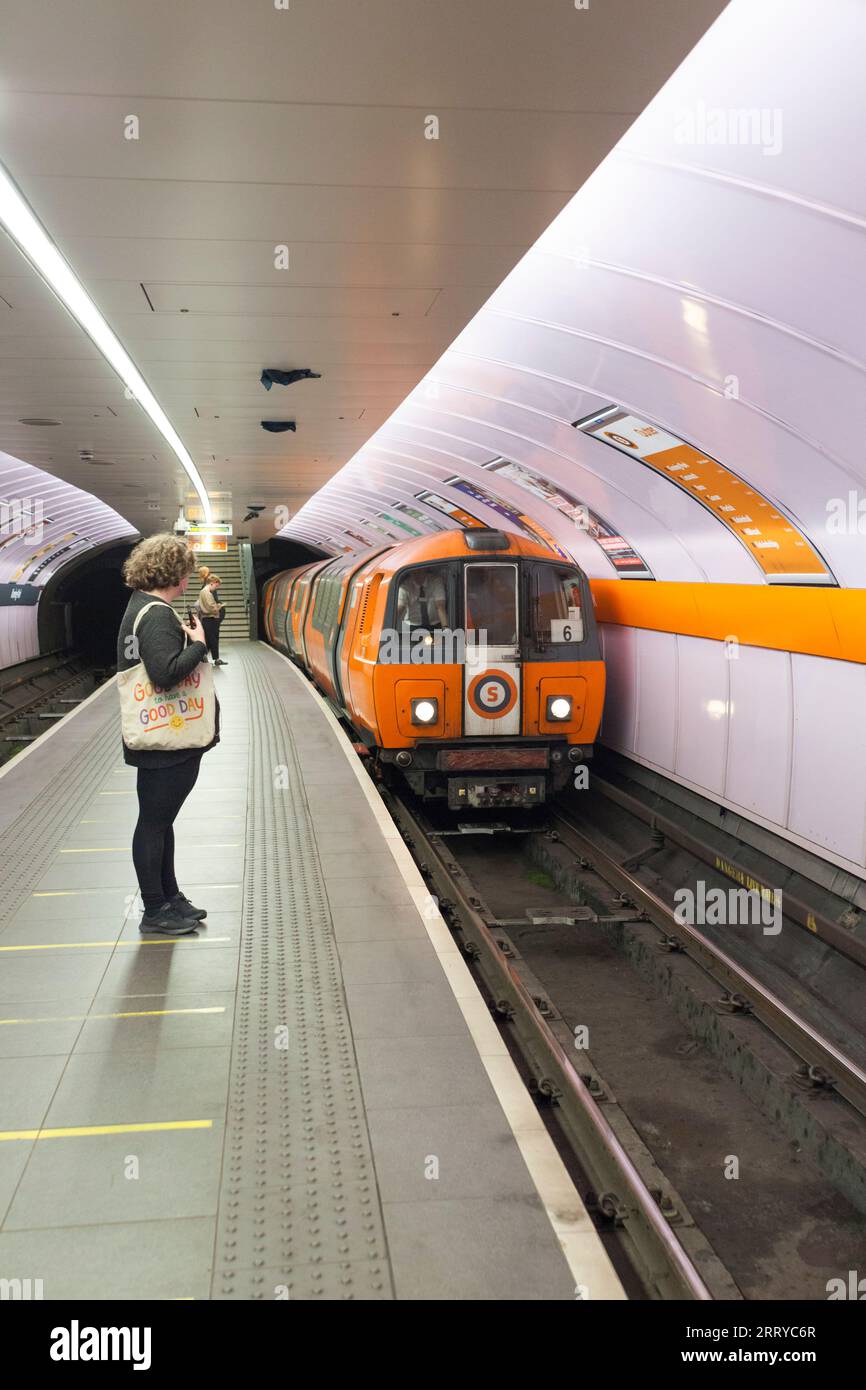 SPT subway train arriving at Glasgow Kinning Park Subway station on the ...