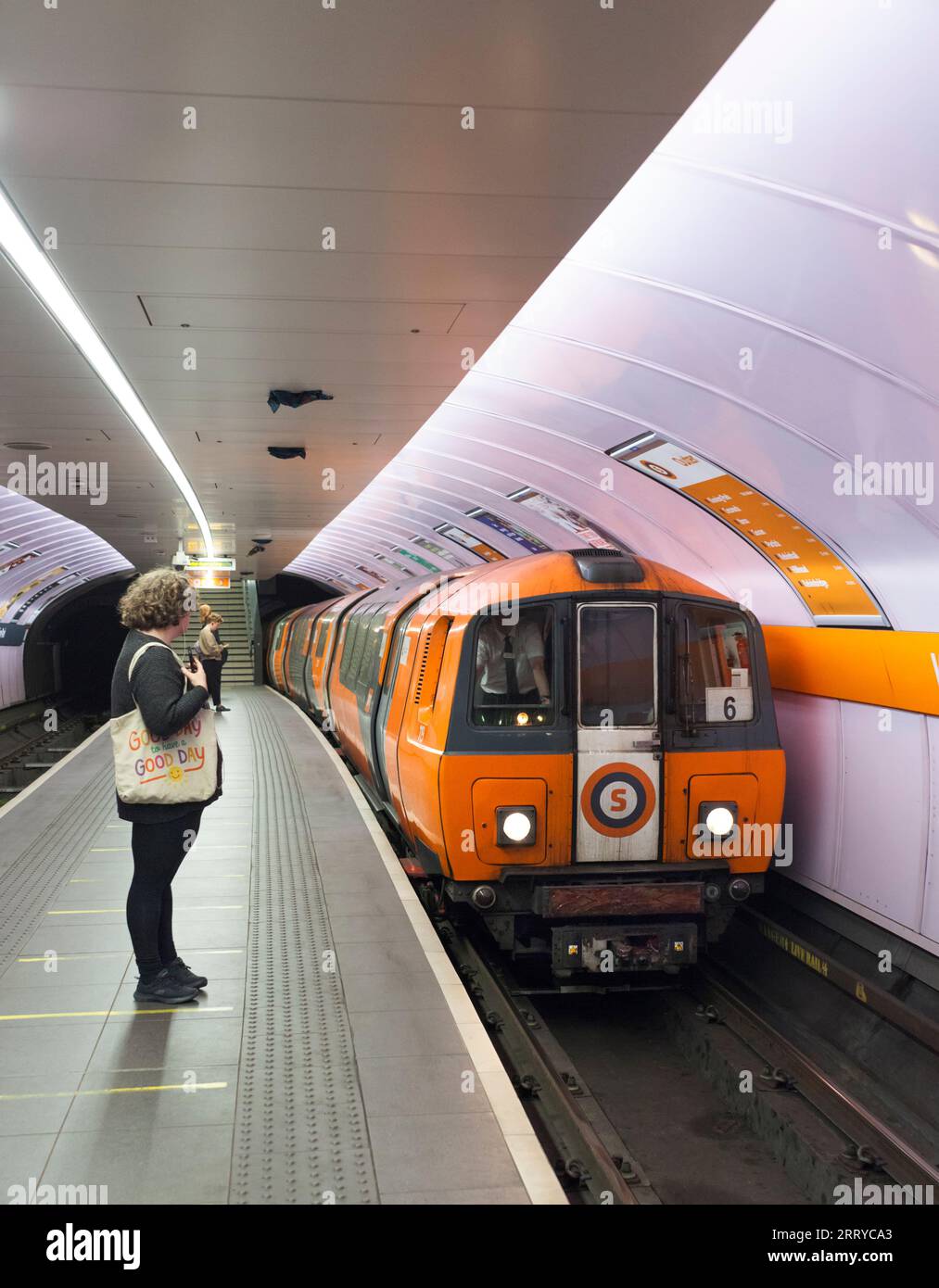 SPT subway train arriving at Glasgow Kinning Park Subway station on the ...