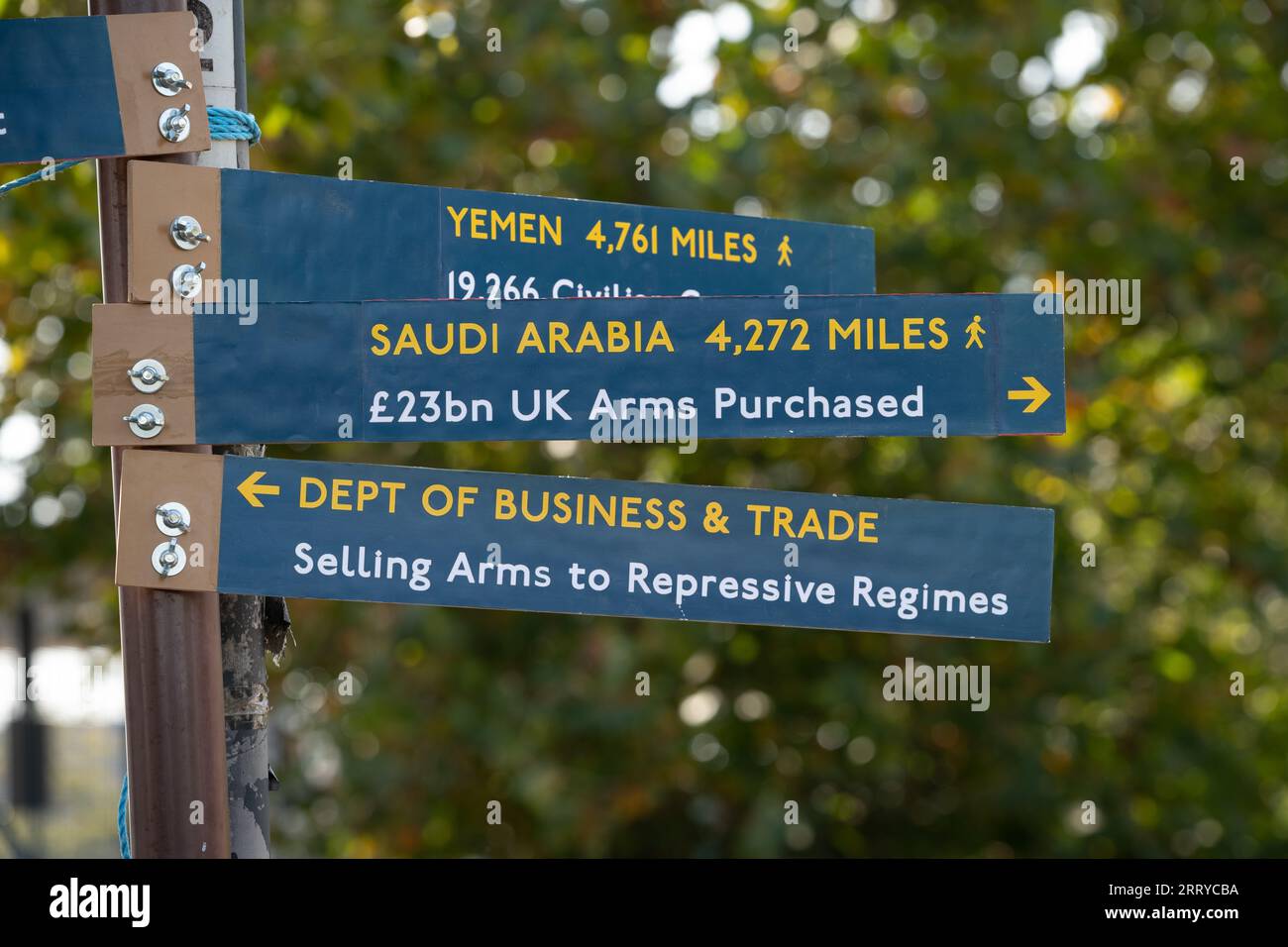 London, UK. 9 September, 2023. Spoof road signs installed by anti-war ...