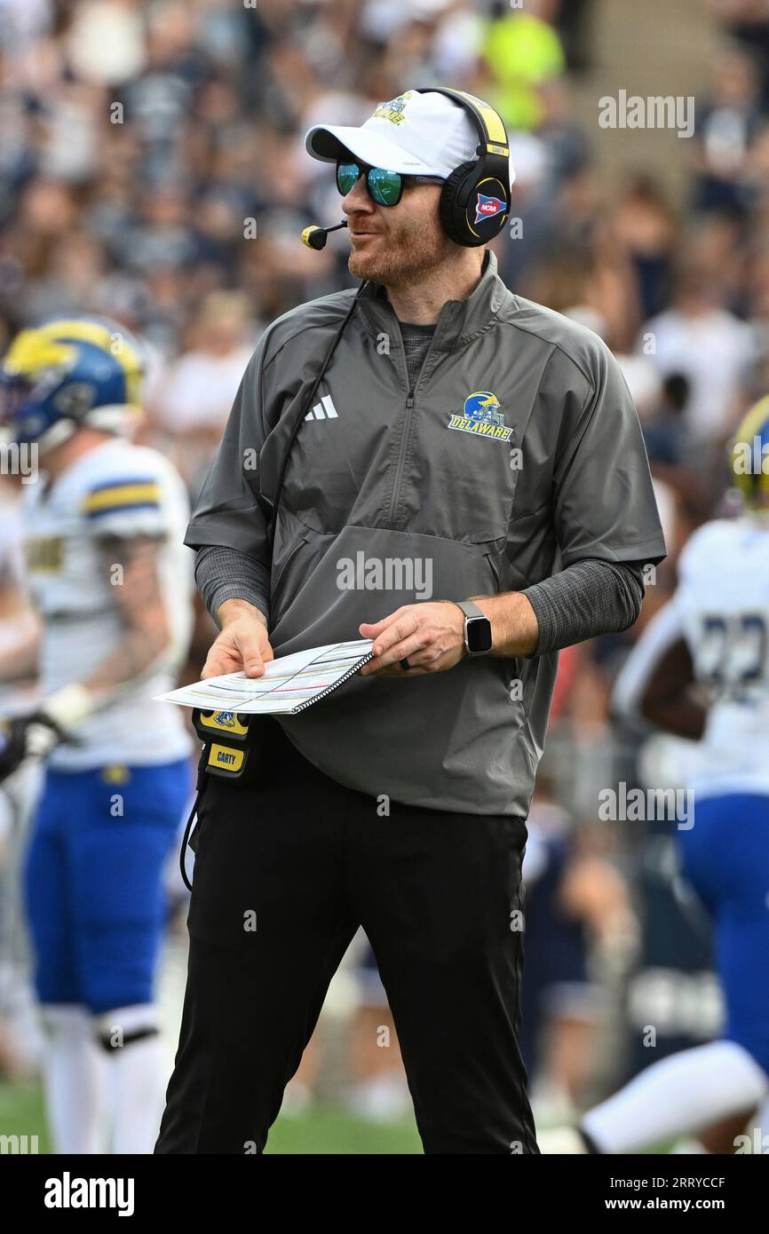 Delaware head coach Ryan Carty reacts during the first half of an NCAA ...