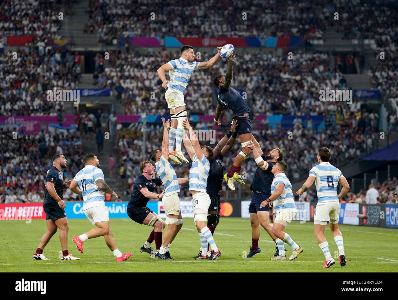 Argentina's Guido Petti (left) and England's Courtney Lawes contest a ...
