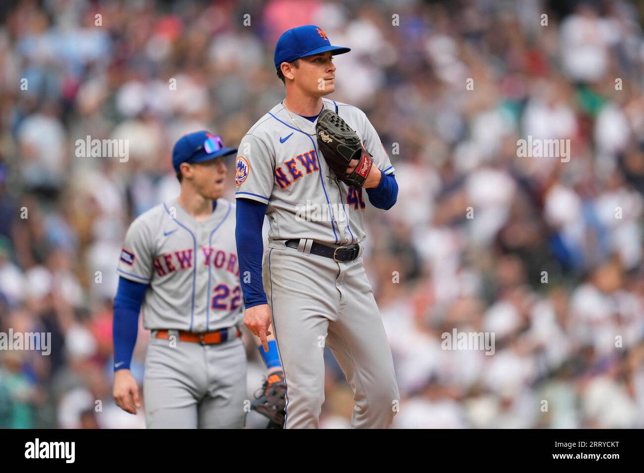 New York Mets relief pitcher Drew Smith, right, reacts after a three ...