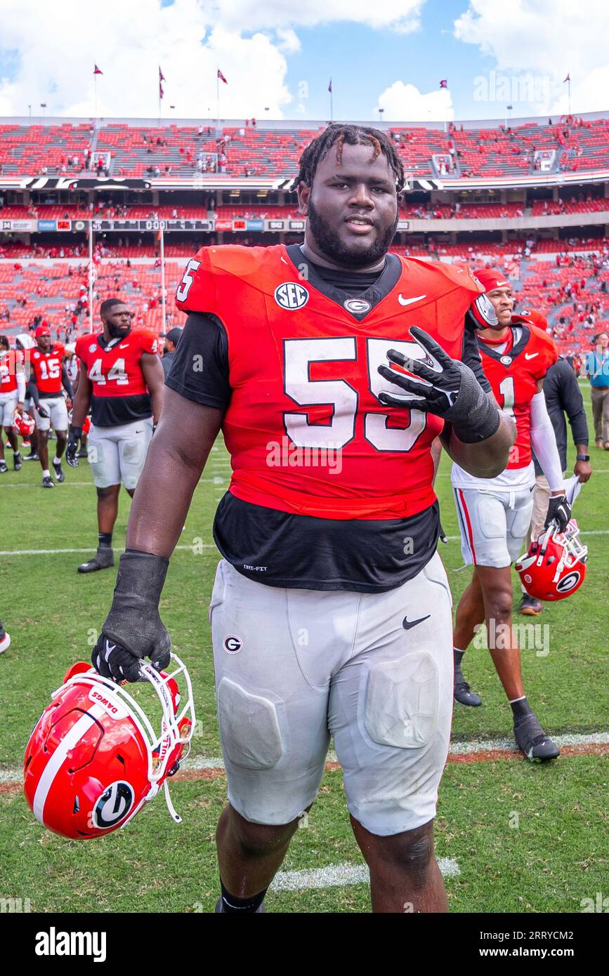 ATHENS GA SEPTEMBER 09 Georgia Bulldogs defensive lineman Jamaal Jarrett 55 during the college football game between the Ball State Cardinals and Georgia Bulldogs on September 9 2023 at Sanford Stadiu...