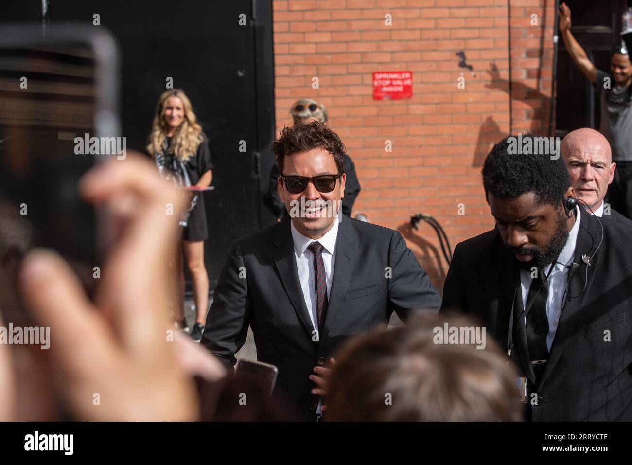 Jimmy Fallon meet fans as he leaves the Hackney Empire, London after ...