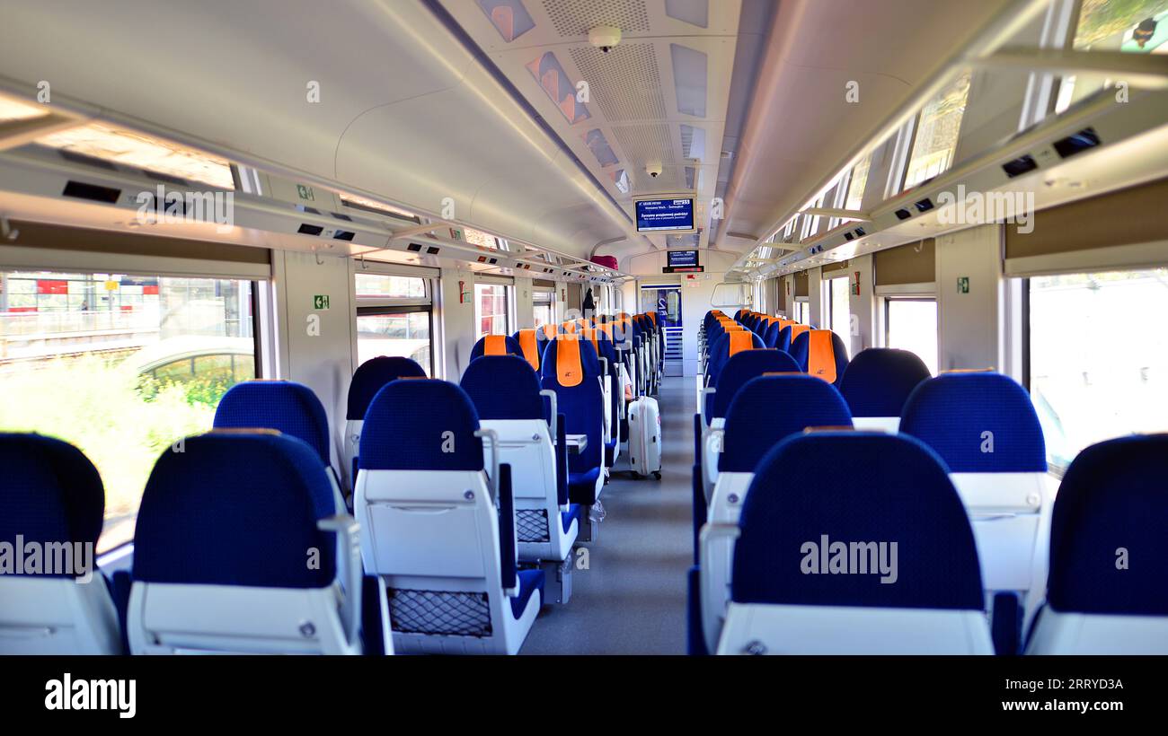 Warsaw, Poland. 7 September 2023. Interior of a passenger train. Empty ...
