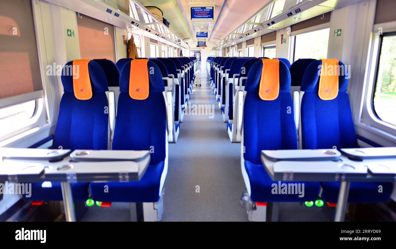 Warsaw, Poland. 7 September 2023. Interior of a passenger train. Empty ...