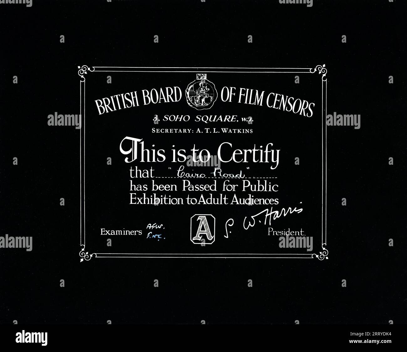 British Board of Film Censors censor card for the British release of ...