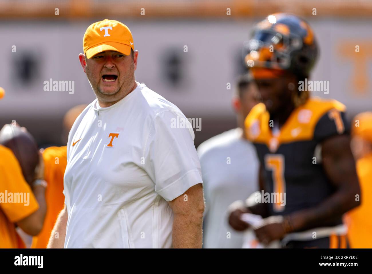 Tennessee head coach Josh Heupel yells to his players during warmups ...