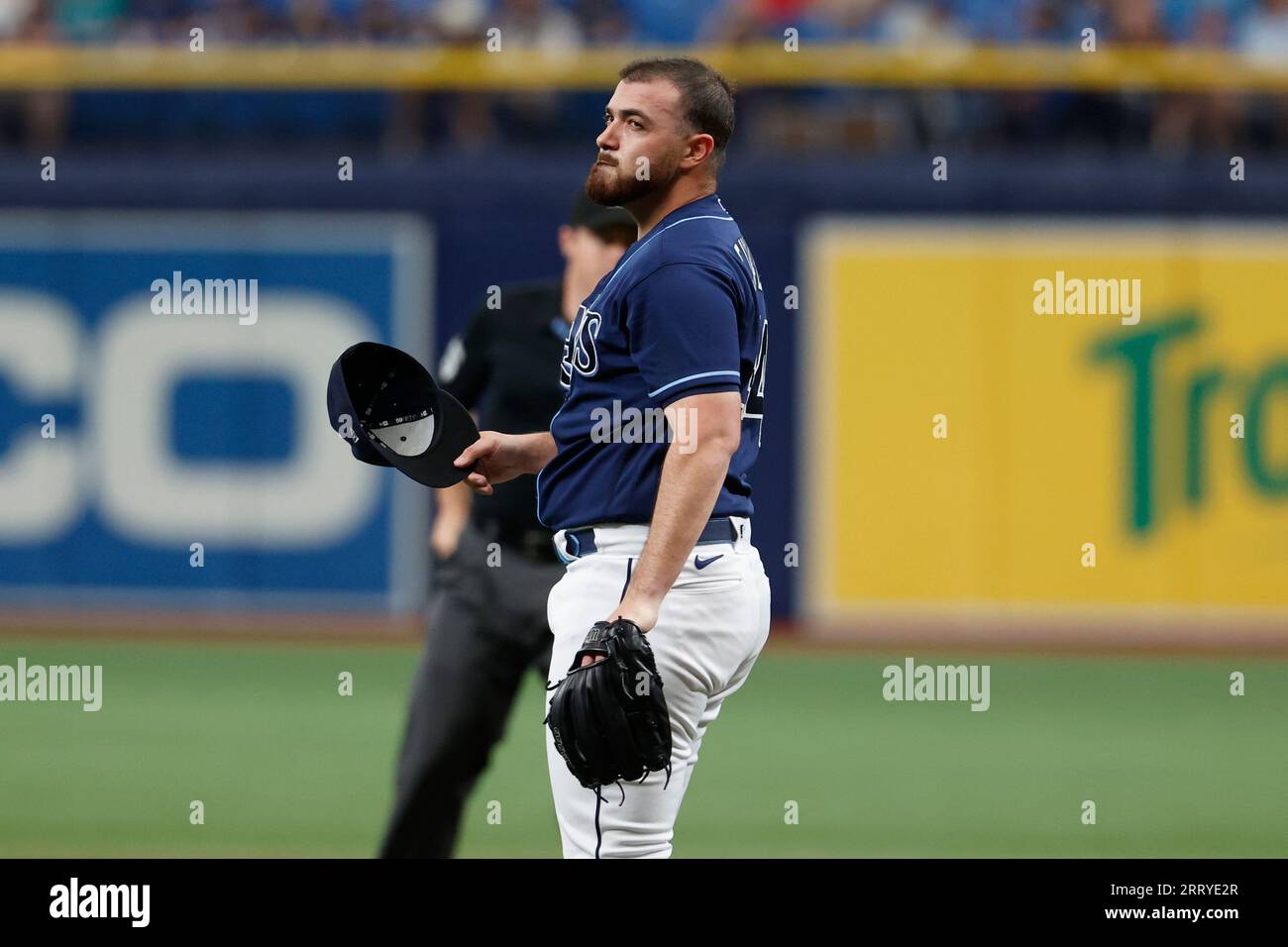 Tampa Bay Rays starting pitcher Aaron Civale stands on the mound after ...