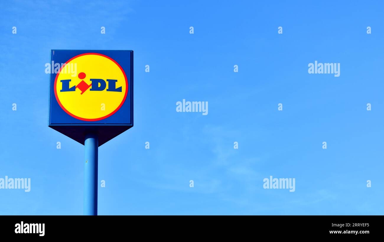 Szczecin, Poland. 7 September 2023. Sign Lidl. Company signboard Lidl ...